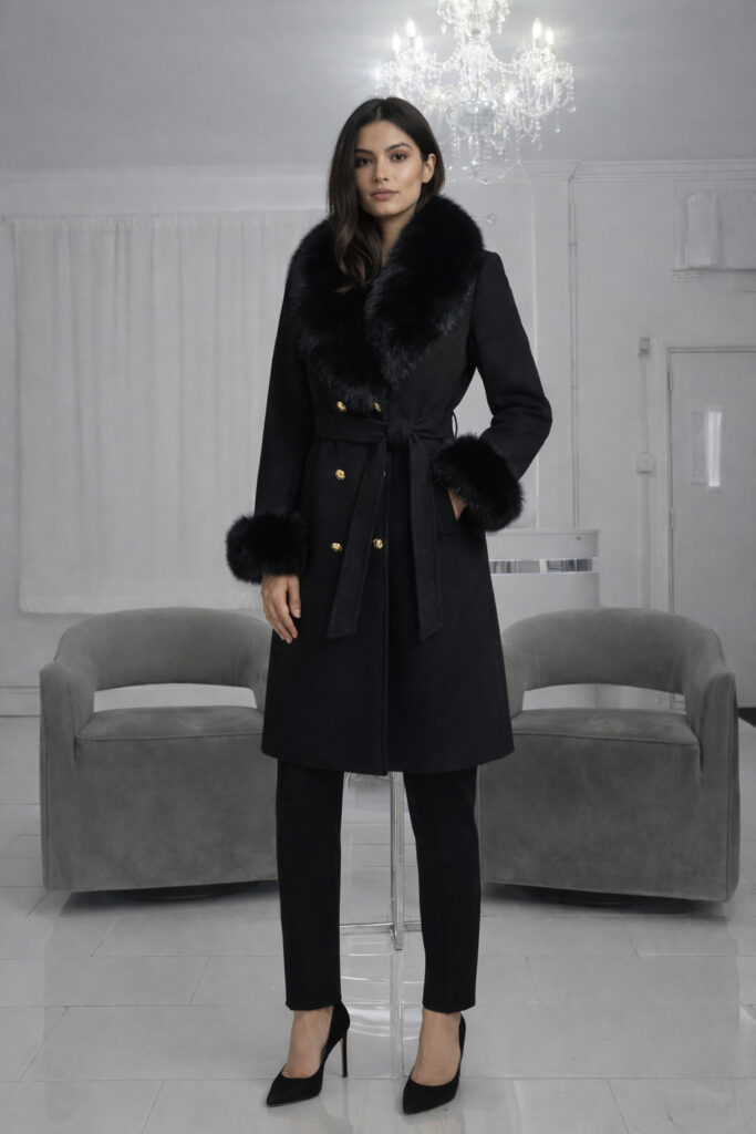 Black Wool Coat with Detachable Fox fur Collar and Cuffs - Bergen ...